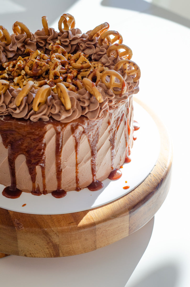 Red Velvet Salted Caramel Pretzel Cake – Champagne and Gumboots